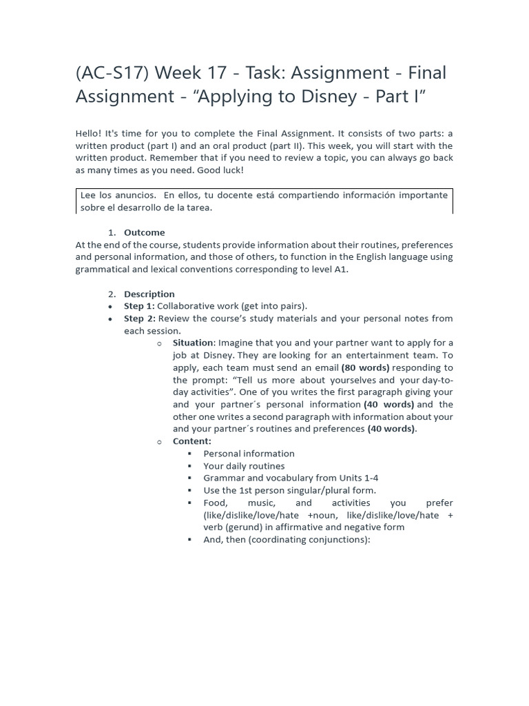 Week 17 - Instructions - Task Assignment - Final Assignment - Applying To Disney - Part I | PDF ...