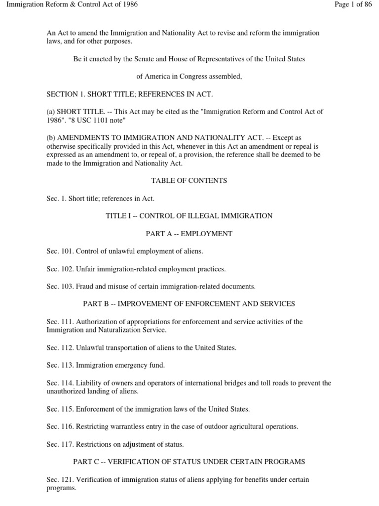 Immigration Reform and Control Act of 1986 | PDF | United States Senate ...