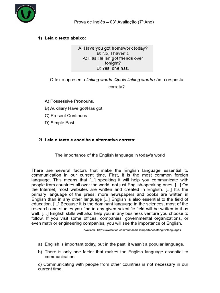 7 Ano 3 Av Inglês Com Gabarito E Conteúdo Pdf English Language 8891