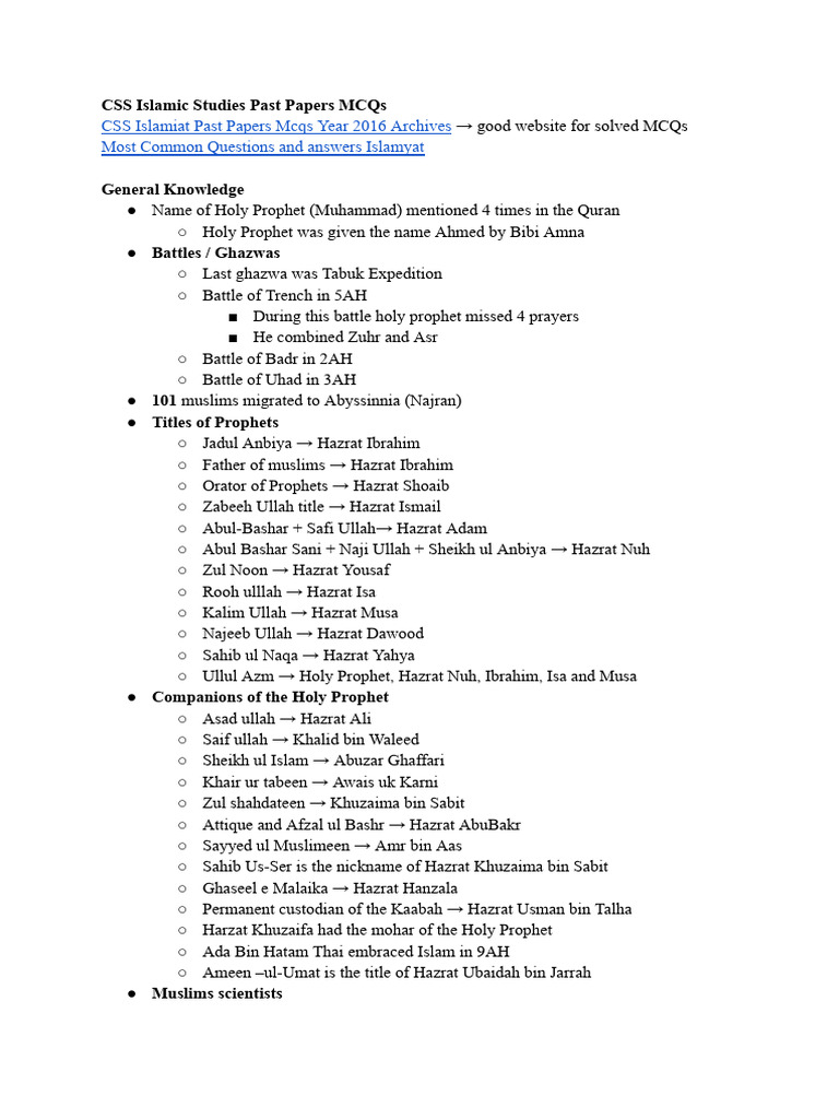 CSS Islamic Studies MCQs | PDF | Hadith | Surah CSS Islamic Studies MCQs | PDF | Hadith | Surah