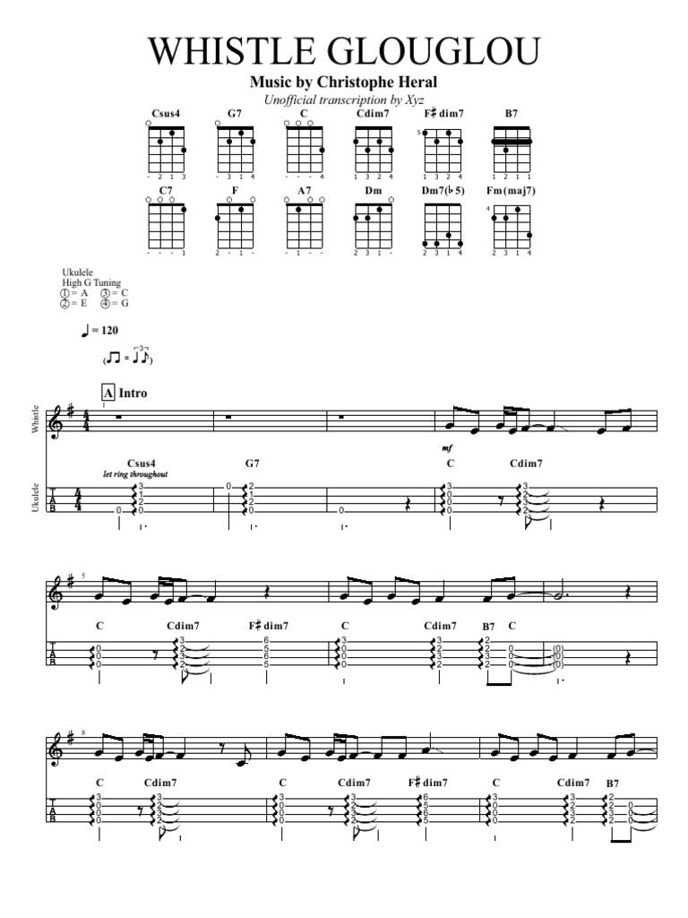 Ukulele Tab for "Whistle Glouglou" | PDF | Guitar Family Instruments ...