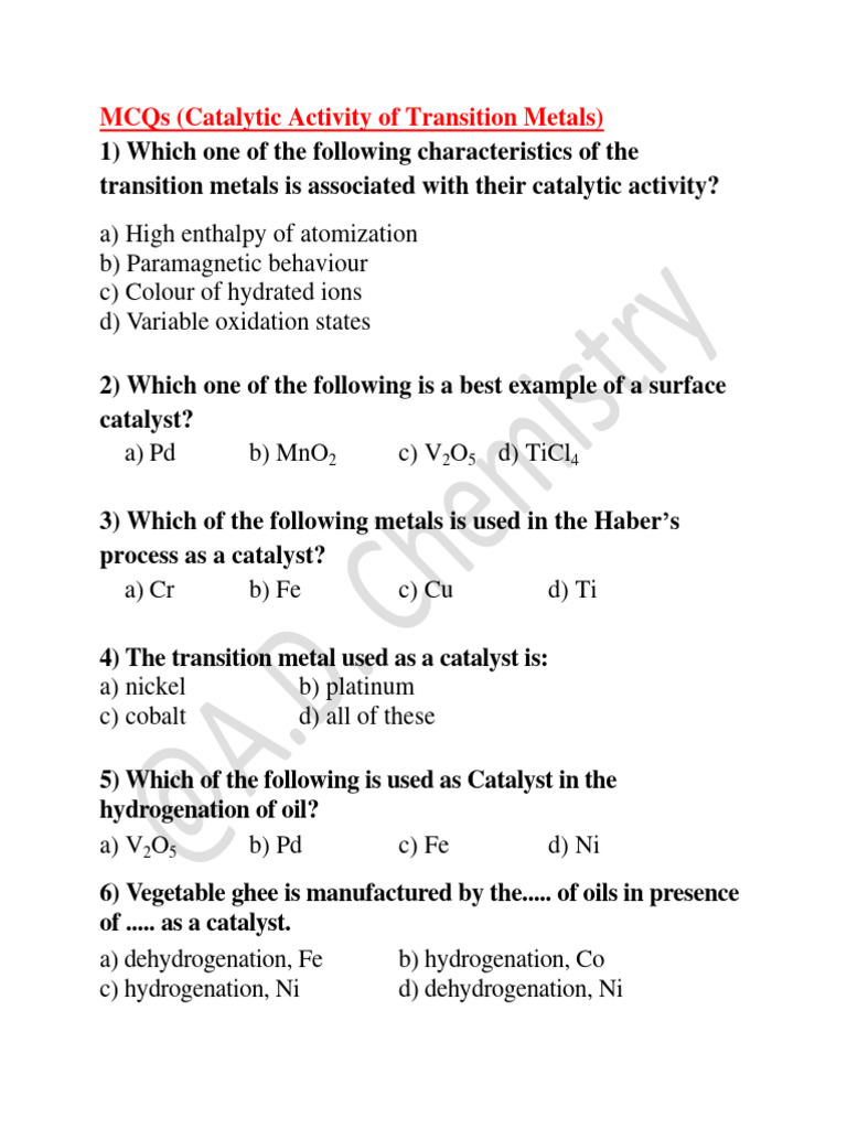 MCQs Catalytic Activity of Transition Metals | PDF