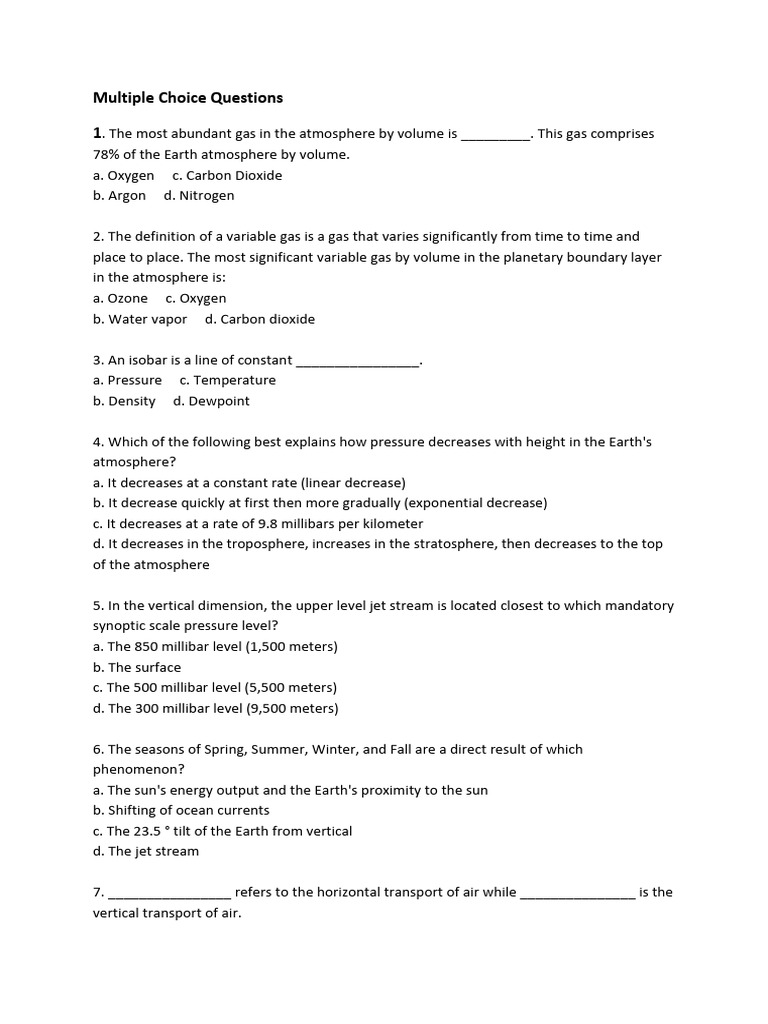 Multiple Choice Questions | PDF | Atmosphere Of Earth | Atmosphere