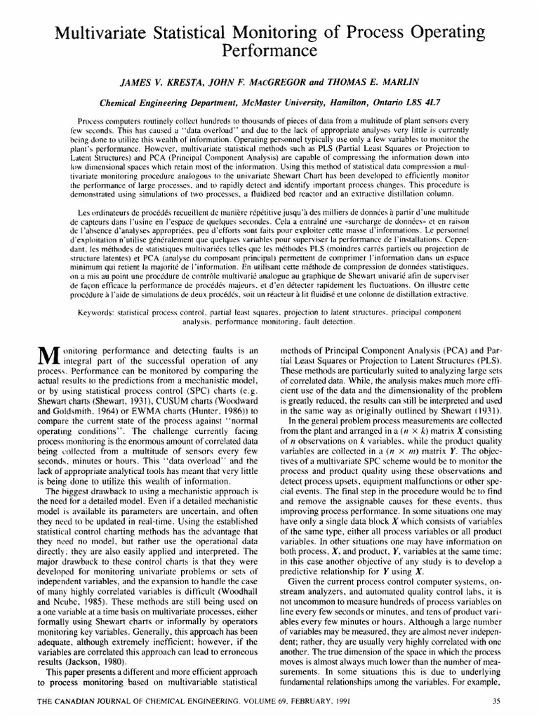 (1991) Kresta, MacGregor and Marlin, Multivariate Statistical Monitoring of Process Operating ...