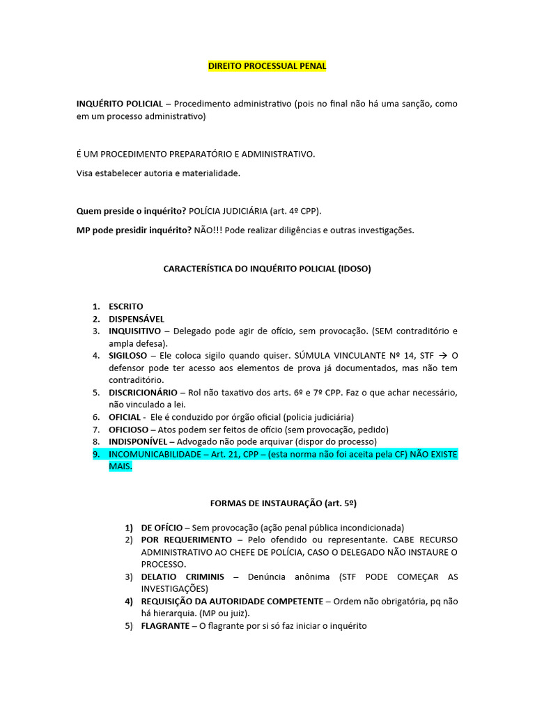 Resumo De Processo Penal InquÉrito Policial Pdf Polícia Direito
