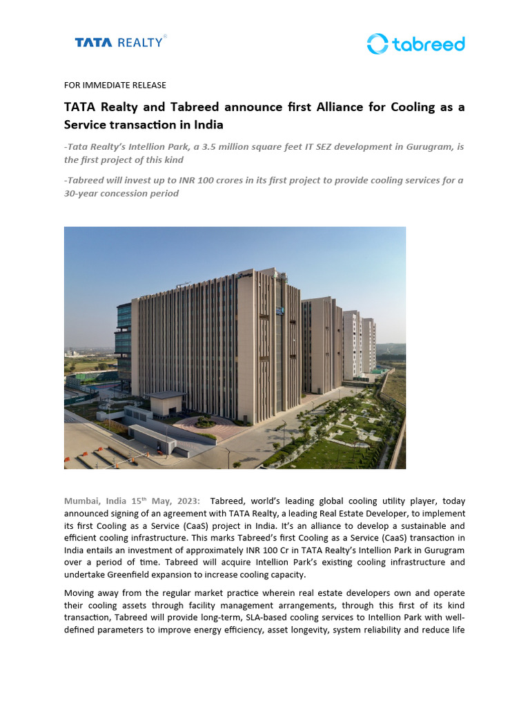 TATA Realty and Tabreed Announce First Alliance For Cooling As A ...