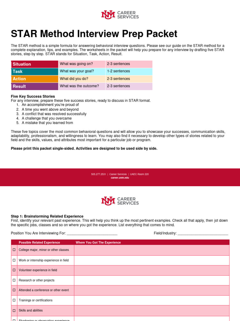 Star Method Interview Prep Packet 2020 | PDF | Experience | Brainstorming