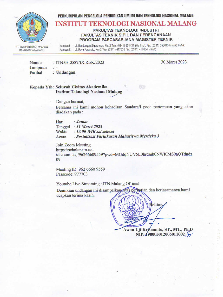 Undangan Sosialisasi Pertukaran Mahasiswa Merdeka 3772 | PDF