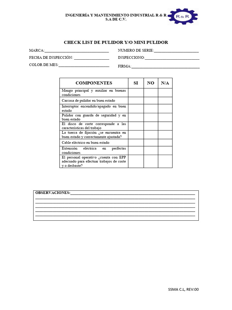 Check List de Inspección para Pulidores | PDF