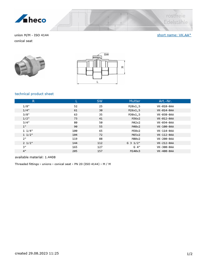 Heco Product Sheet 7204 Stainless Steel Unions Conical Seat PN 20 ISO ...