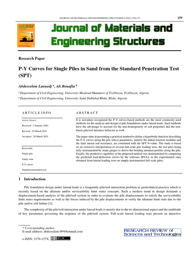 P-Y Curves For Single Piles in Sand From The Standard Penetration Test ...