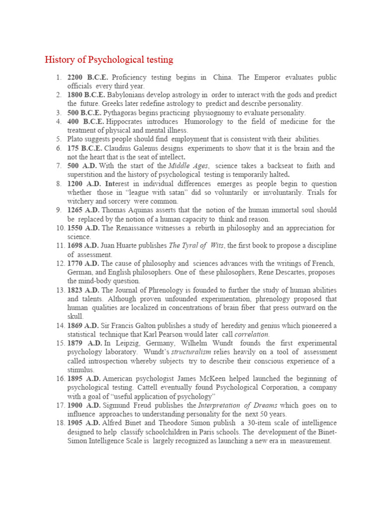 Timeline of Psychological Testing History | PDF | Psychology | Informed ...