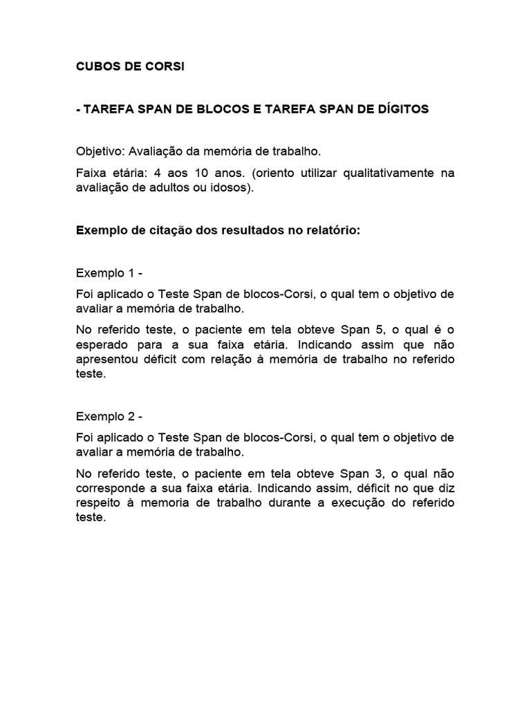 Cubos de Corsi Exemplo de | PDF