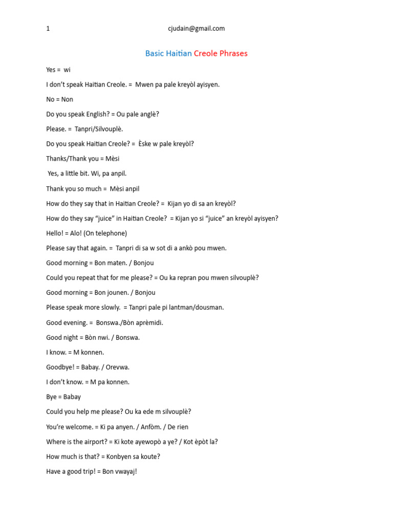Basic Haitian Creole Phrases - 031055 | PDF | Linguistics | Haiti