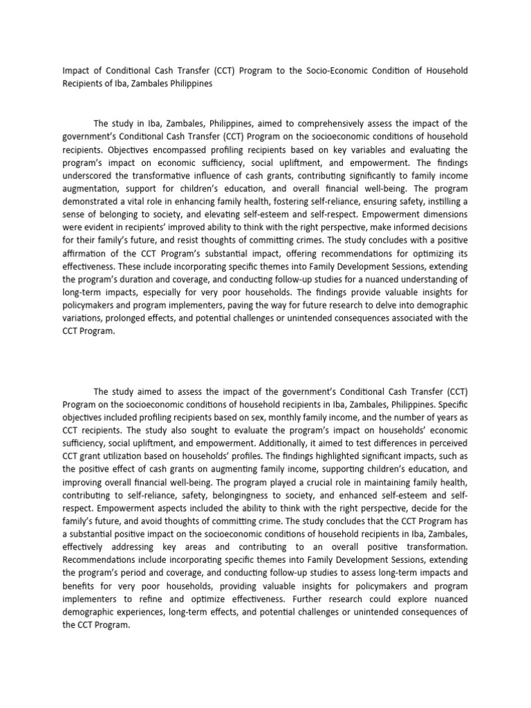 Impact of Conditional Cash Transfer (CCT) Program To The Socio-Economic ...