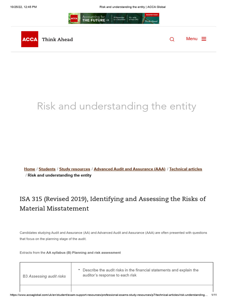 Risk and Understanding The Entity - ACCA Global | PDF | Internal ...
