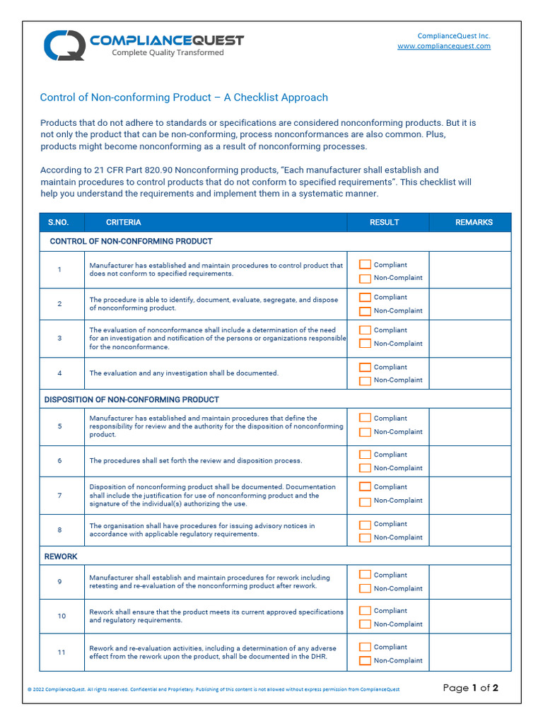 Nonconforming Product Control Checklist | PDF | Quality Management ...
