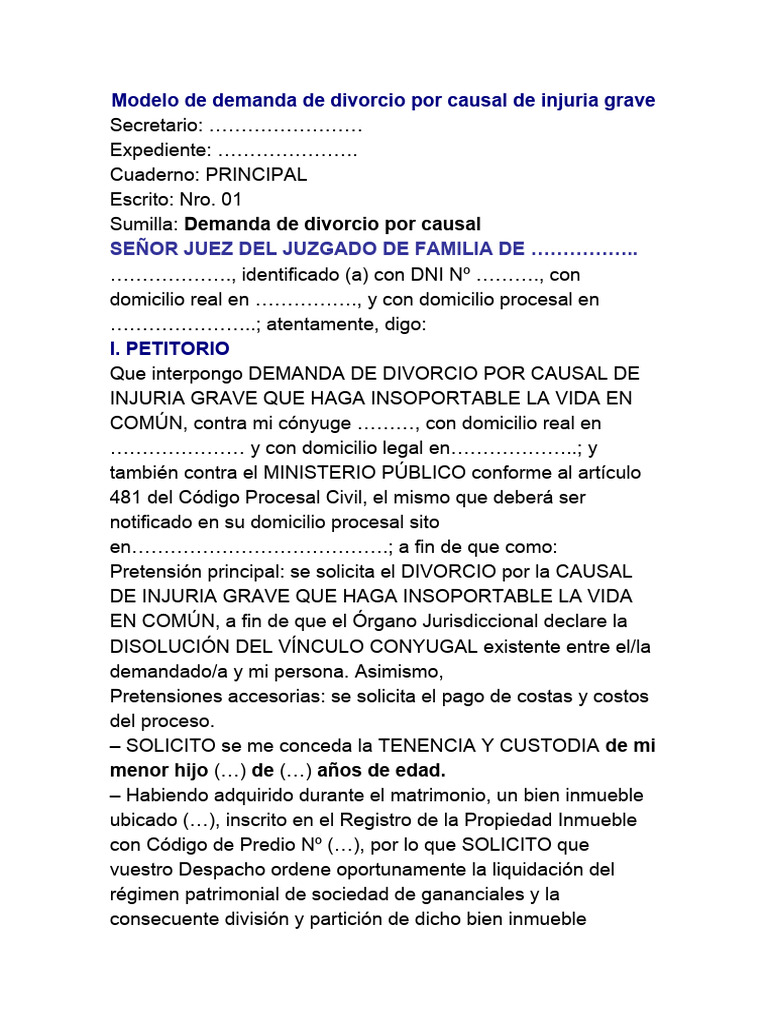 Plantilla de Divorcio Por Causal de Injuria Grave | PDF | Divorcio ...