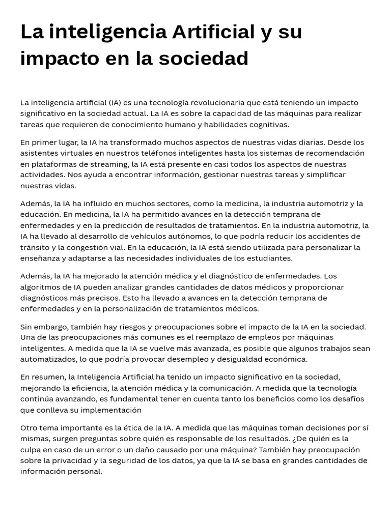 La Inteligencia Artificial y Su Impacto en La Sociedad | PDF | Inteligencia artificial ...