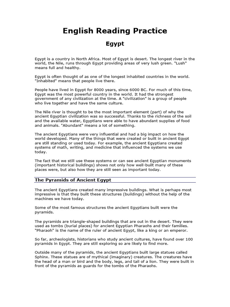 English Reading Practice-Egypt | PDF | Ancient Egypt | Egyptian Pyramids
