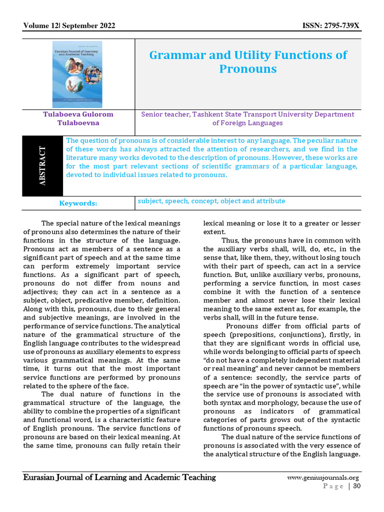 Grammar and Utility Functions of Pronouns: Tulaboeva Gulorom Tulaboevna ...