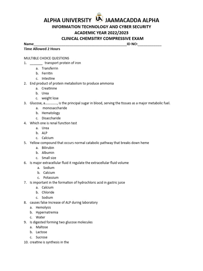 Clinical Chemistry Compressive Exam | PDF | Glucose | Liver