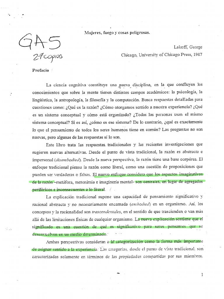 34 Mujeres Fuego y Cosas Peligrosas George Lakoff - Pref-Cap1y2 | PDF