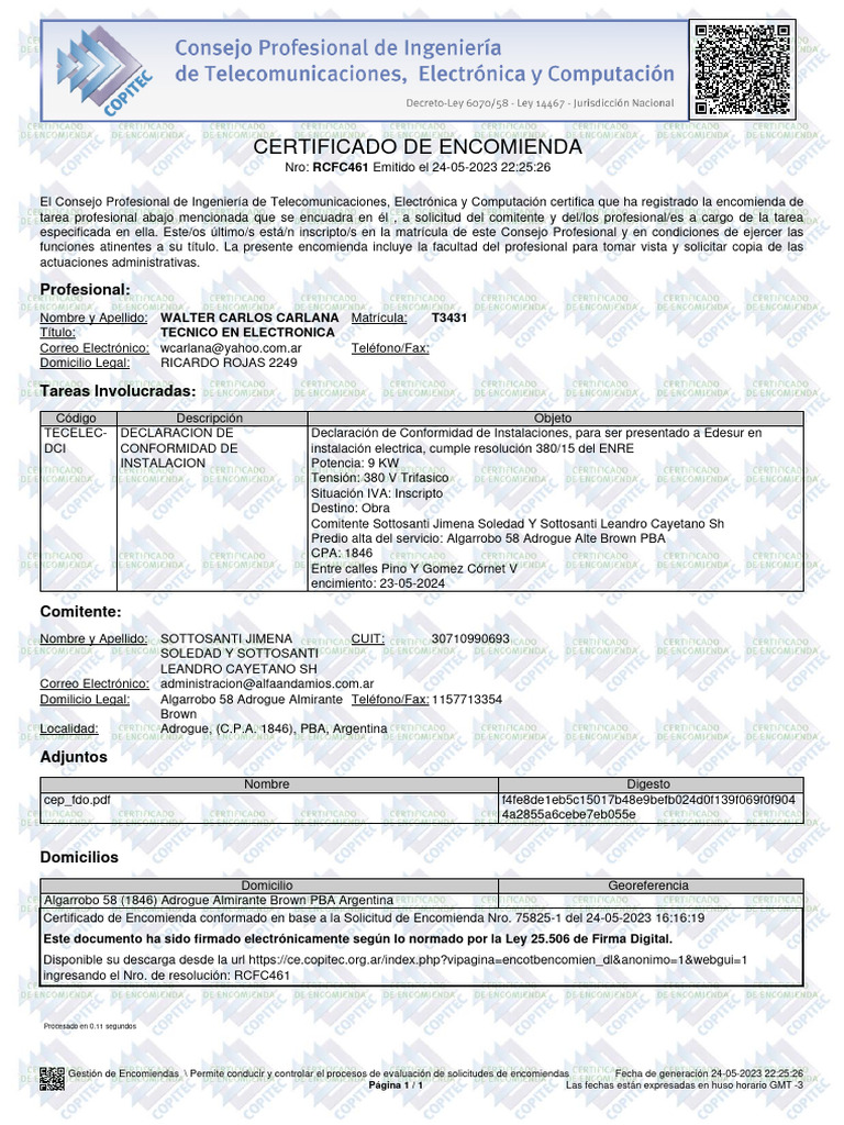 Certificado de Encomienda: Profesional | Descargar gratis PDF | Informática | Electricidad