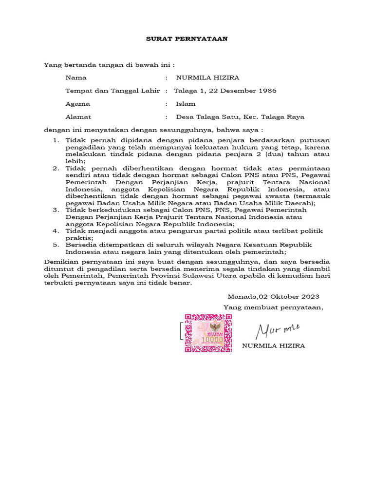 Surat Pernyataan Mila | PDF