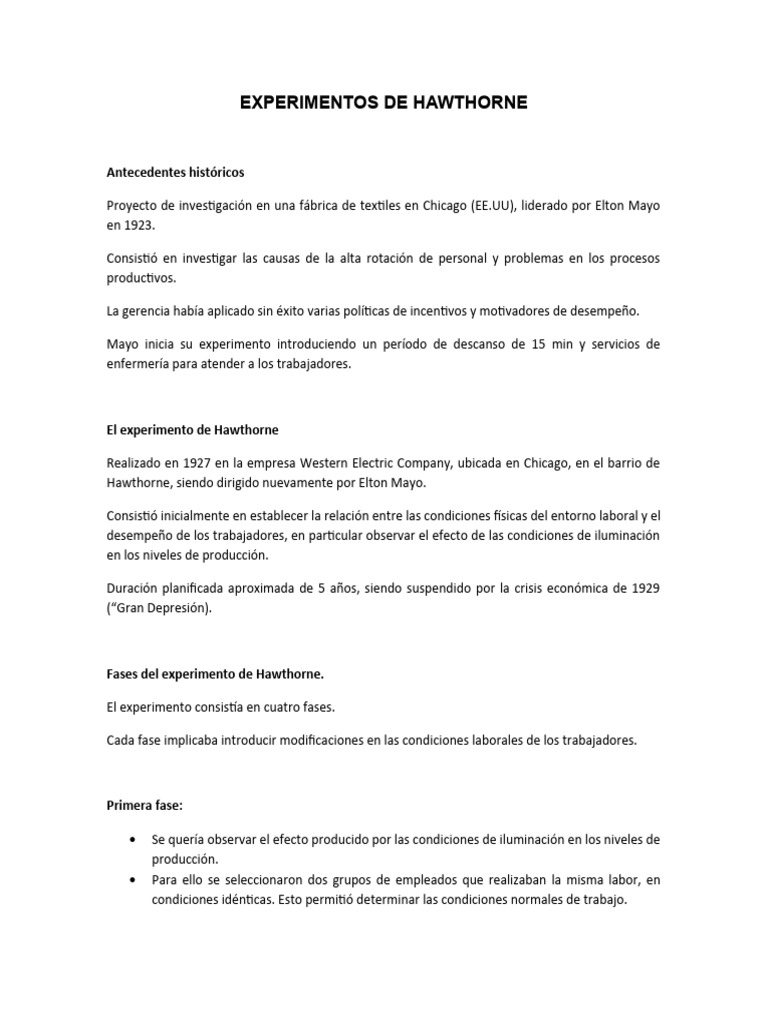 Experimentos de Hawthorne | PDF | Conceptos psicologicos | Ciencias del ...