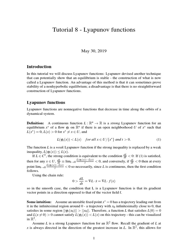 Tut8-Lyapunov Functions | PDF | Stability Theory | Calculus