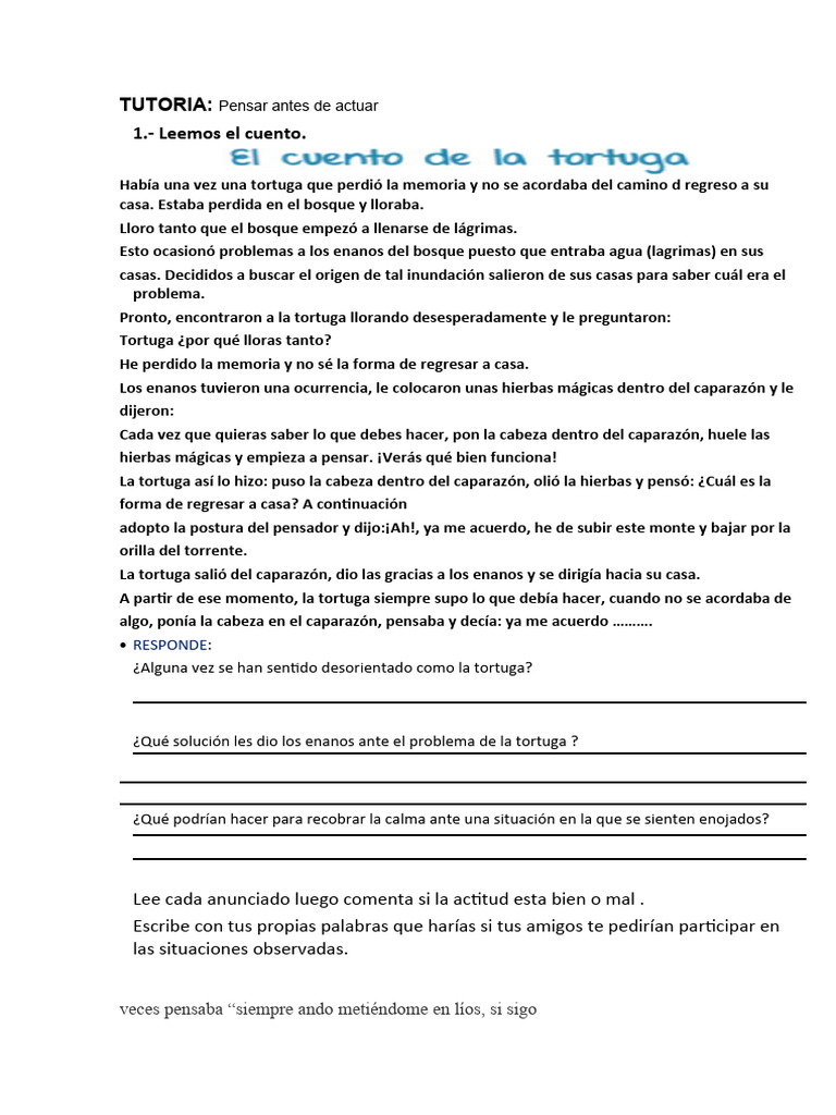 TUTORIA Pensar Antes de Actuar Ficha | Descargar gratis PDF | Tortuga
