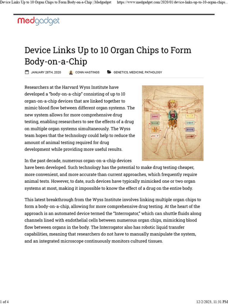 Device Links Up To 10 Organ Chips To Form Body-On-A-Chip Medgadget ...