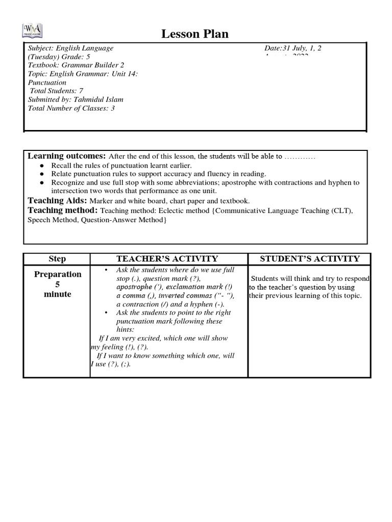 31 July, 1, 2 August Lesson Plan Eng Lang G5 | PDF | Punctuation | Behavior Modification