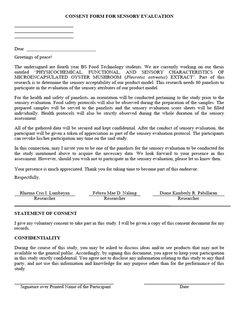 Consent Form For Sensory Evaluation | PDF | Evaluation