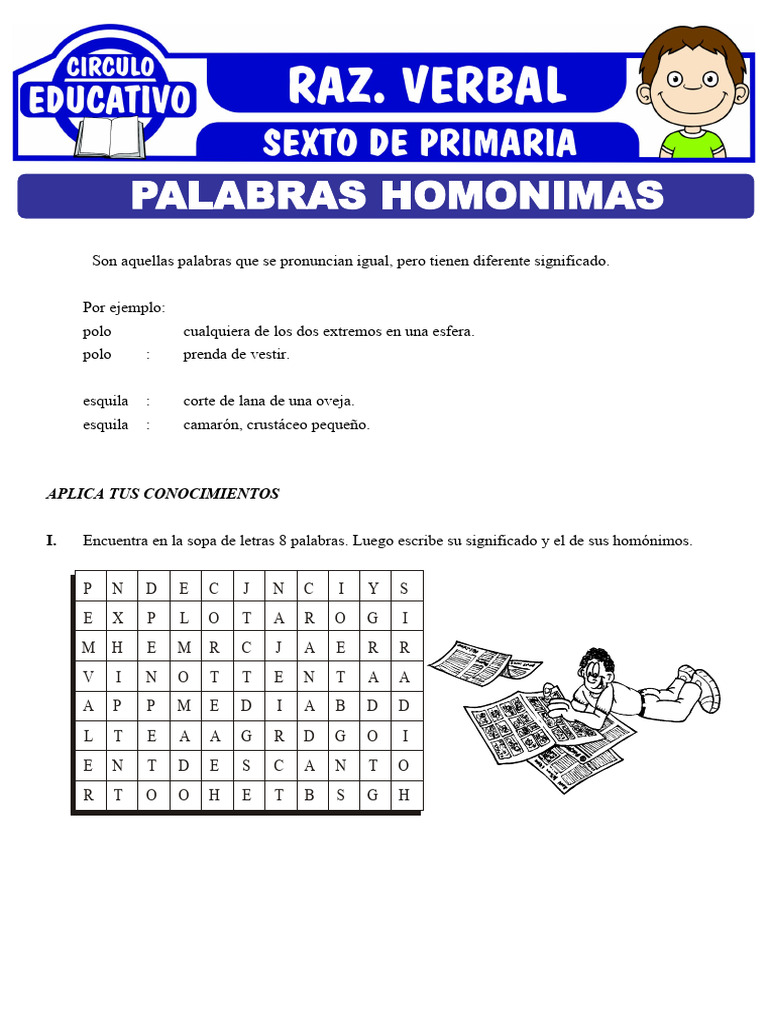 Ejercicios de Palabras Homonimas para Sexto de Primaria | PDF