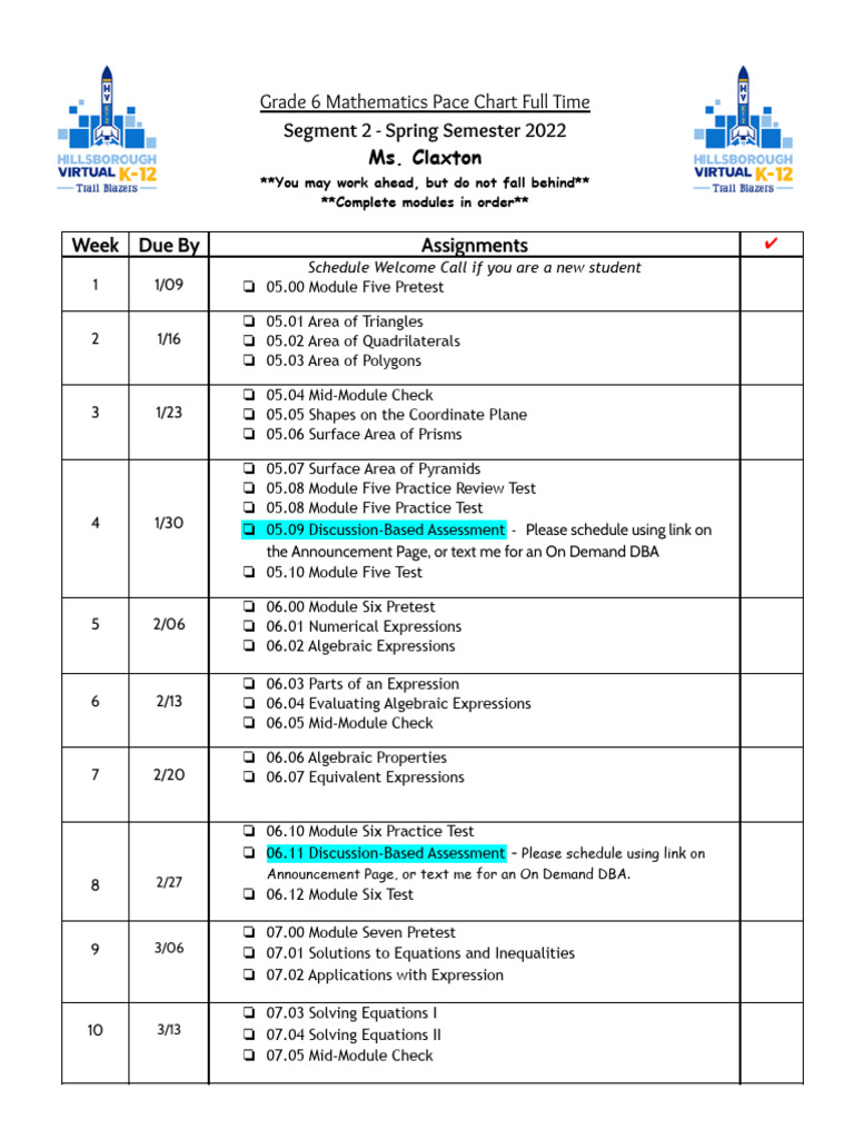 2122 Pace Chart Claxton 6th Grade Math Segment 2 Full Time | Download ...