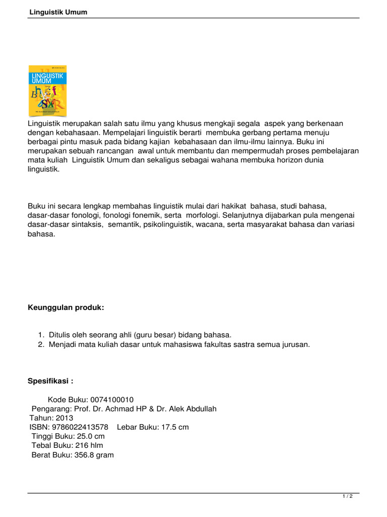 Panduan Lengkap Linguistik Umum | PDF | Ilmu Sosial | Seni & Disiplin Bahasa