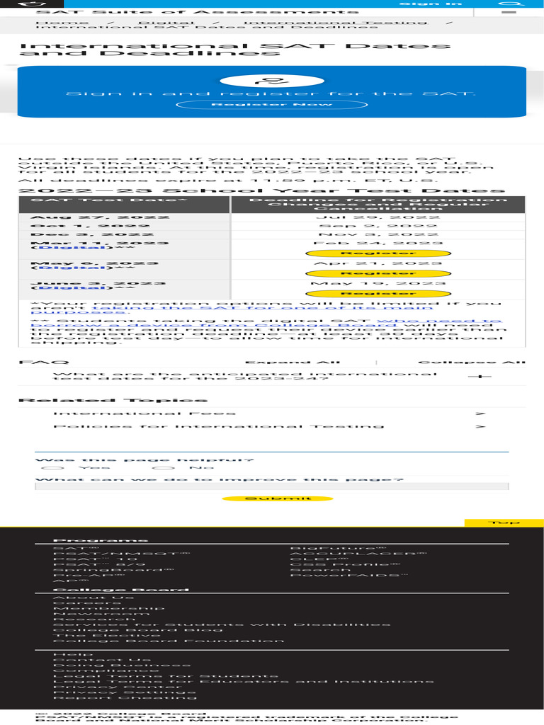 International SAT Dates and Deadlines - SAT Suite College Board | PDF ...