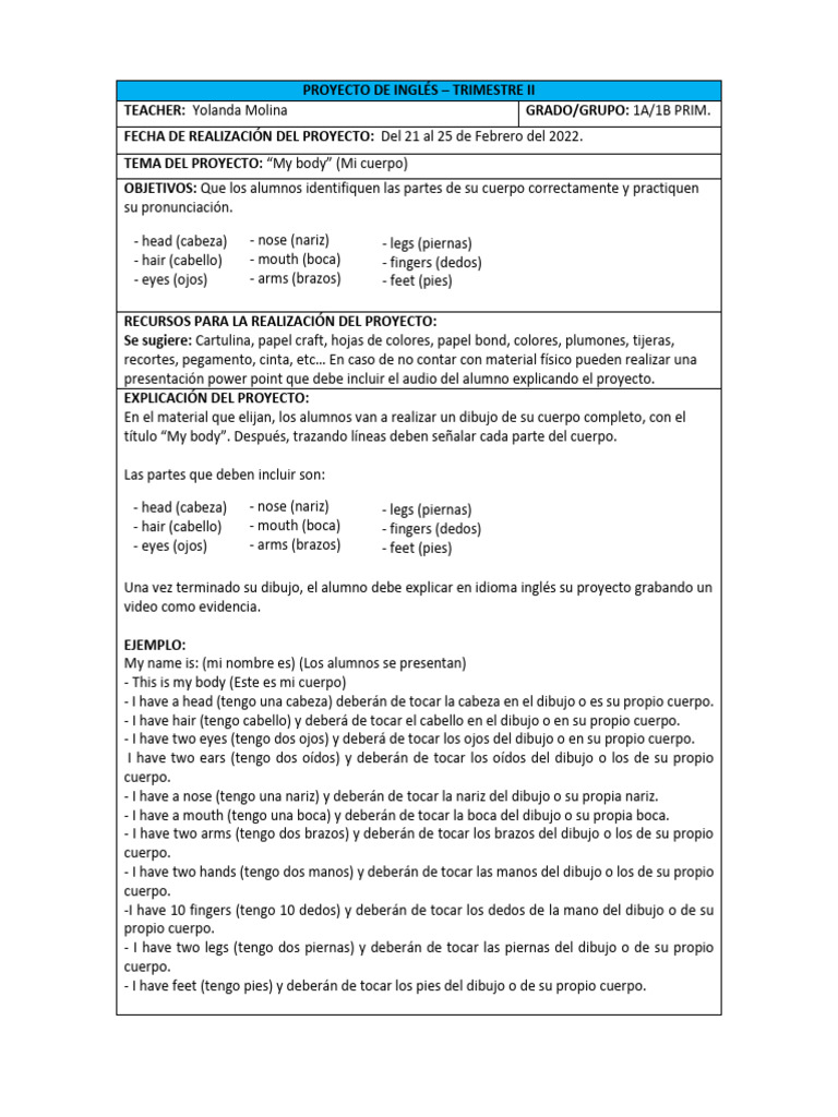 Proyecto de Inglés - 1st Grade Trim II | PDF