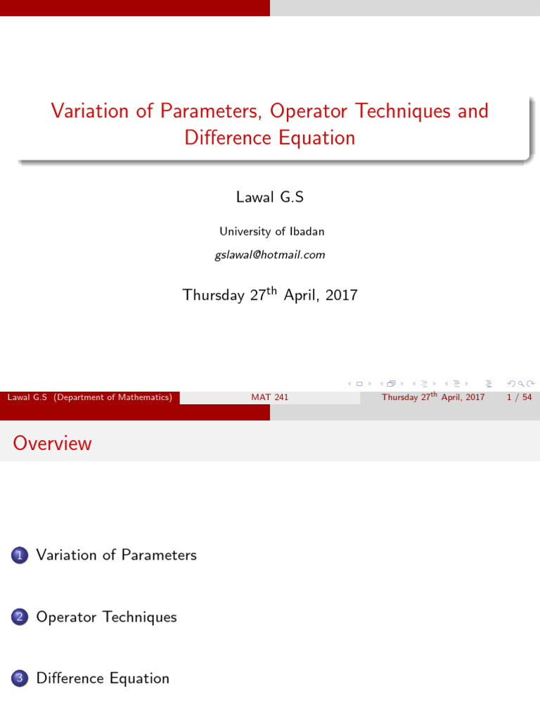 MAT 241-Variation of Parameters, Operator and Difference Equations | Download Free PDF ...