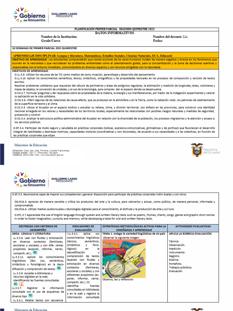 Planificación - de - 5to - Primer Parcial Segundo Quimestre | PDF ...