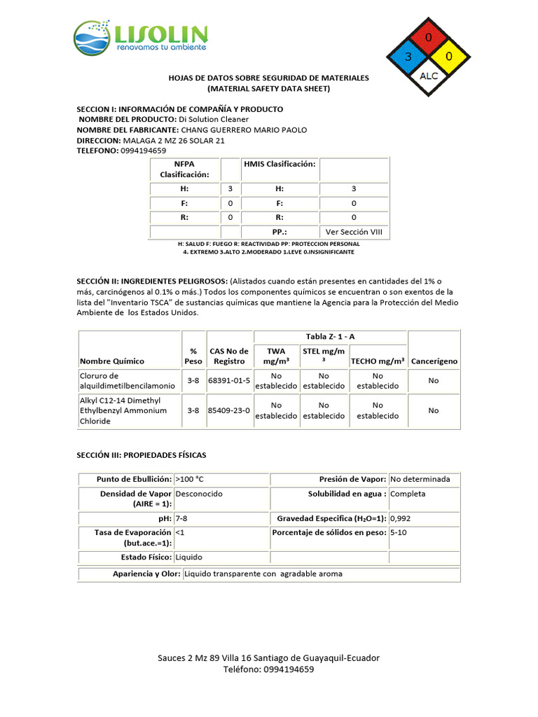MSDS Di-Solution Cleaner 1 | PDF | Agua | Veneno