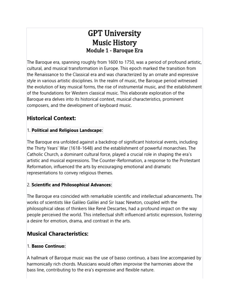 Music History - Module 1 - Baroque Era | PDF | Baroque Music | Concerto