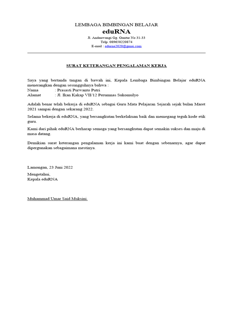 Contoh Surat Pengalam Kerja Guru Bimbingan Belajar | PDF