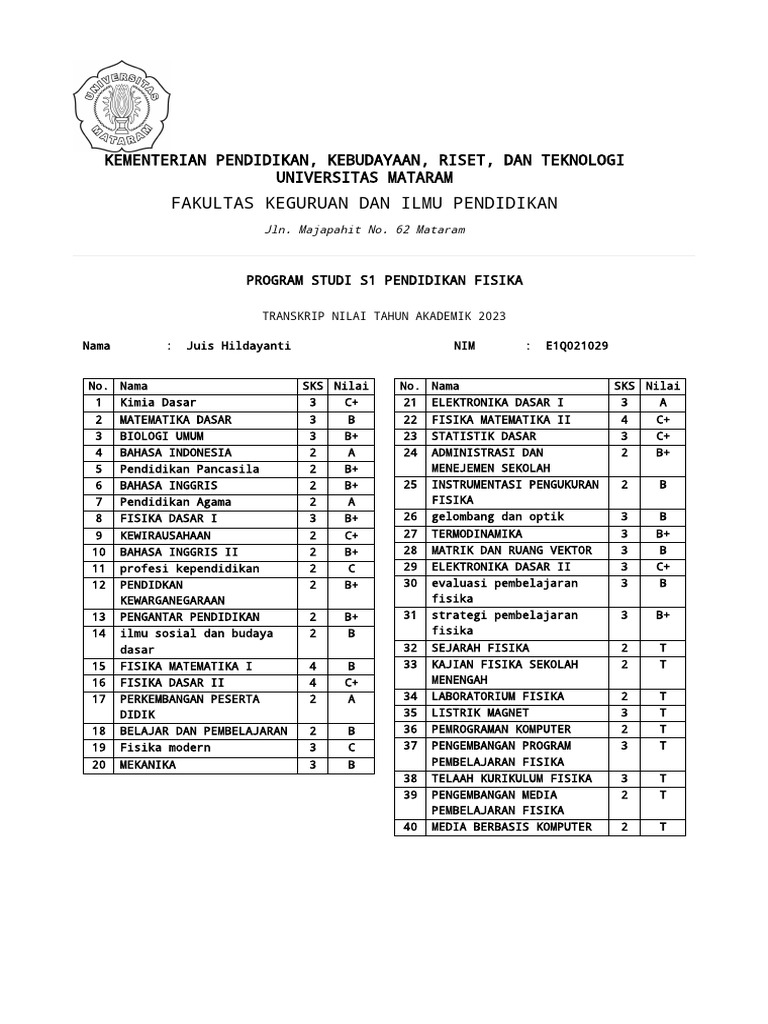 Transkrip Nilai S1 Pendidikan Fisika 2023 | PDF