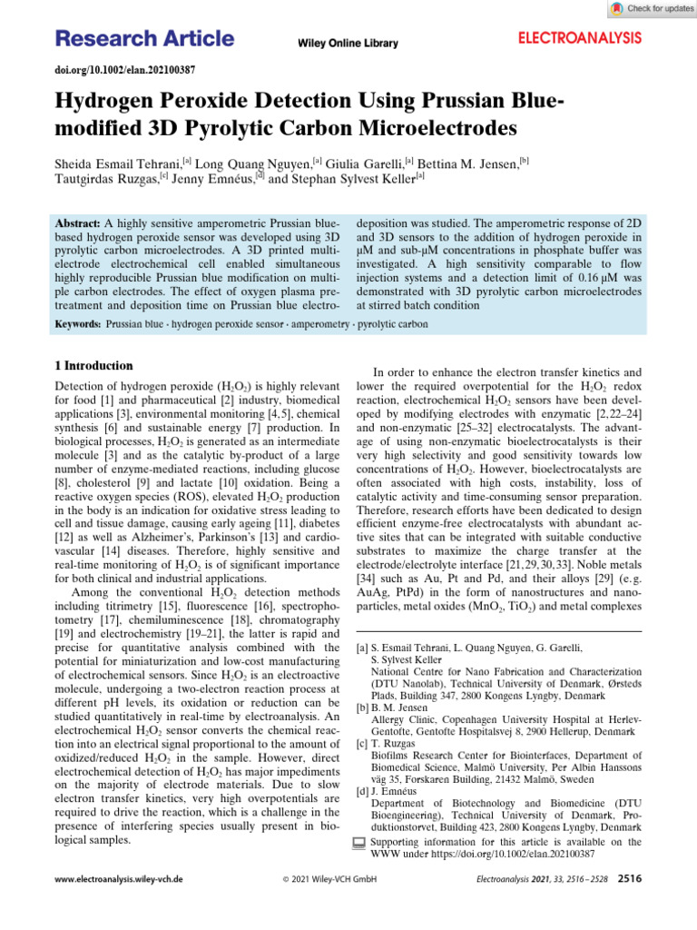 Electroanalysis 2021 Esmail Tehrani Hydrogen Peroxide Detection Using Prussian Blue