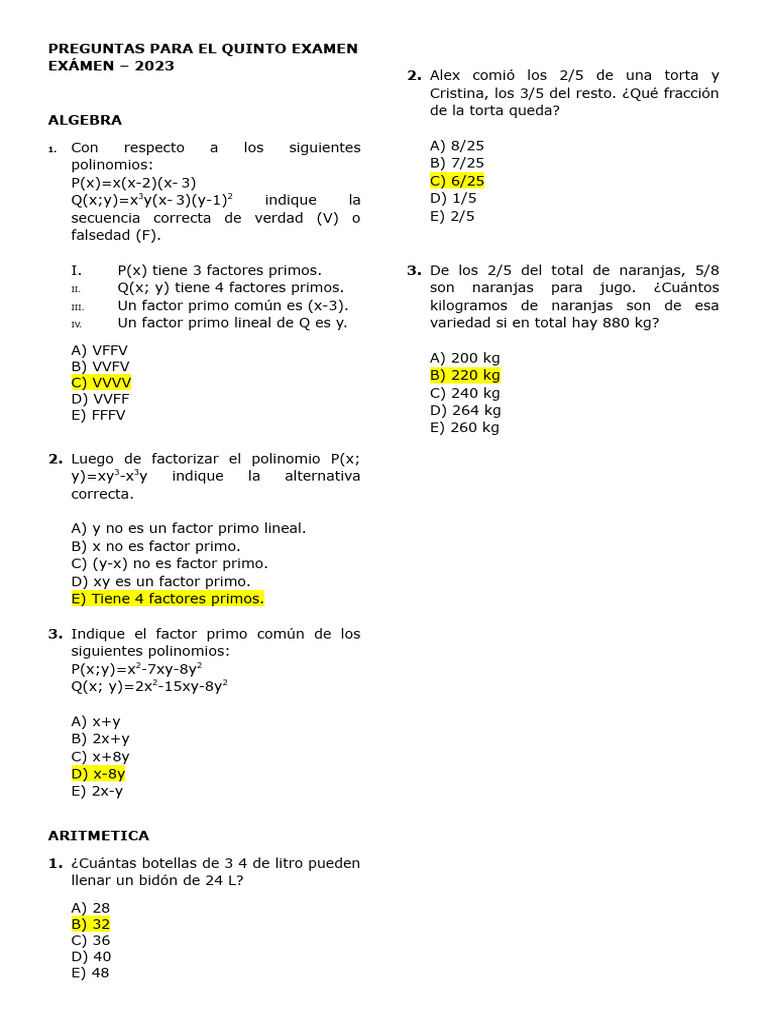 Preguntas Quinto Examen Algebra y Aritmética | PDF