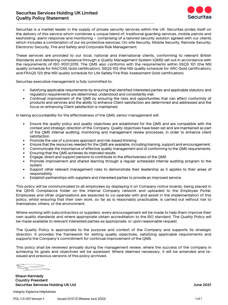 Securitas UK Quality Policy Overview | PDF | Quality Management System ...