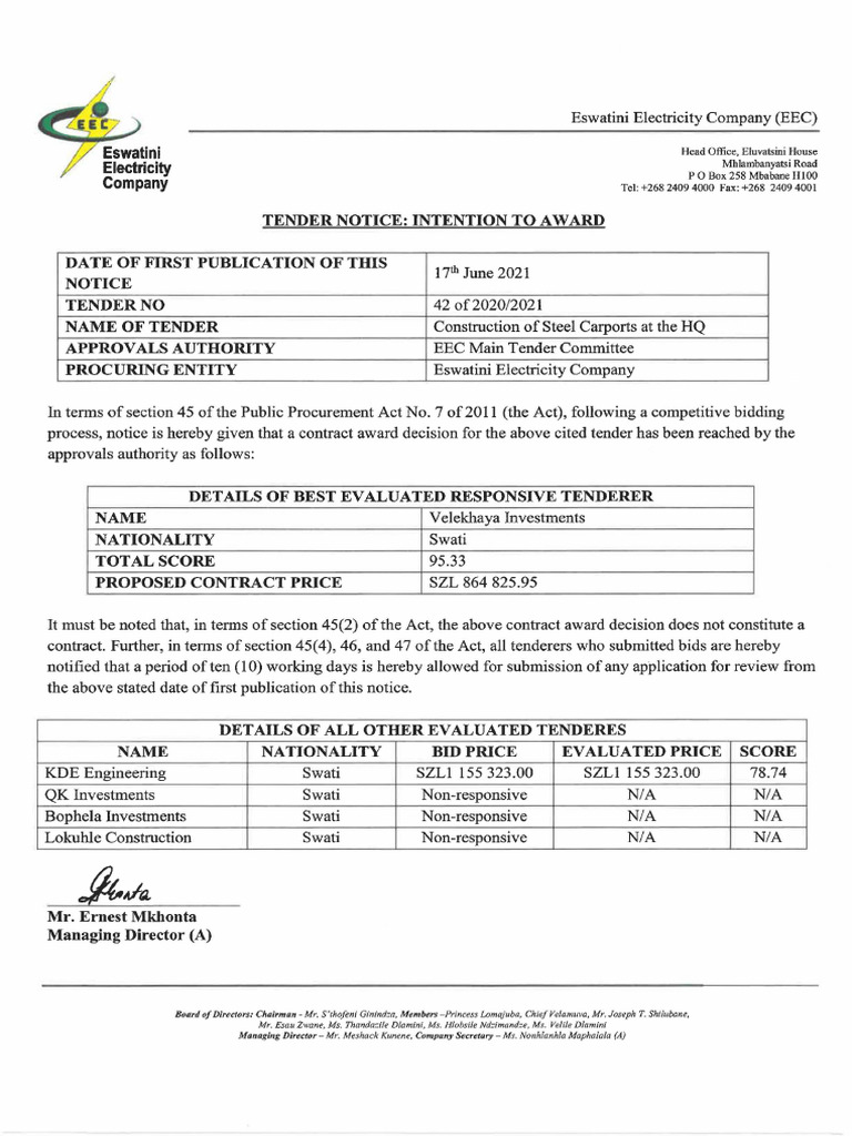 EEC Tender Award for Steel Carports | PDF | Business Process Management ...